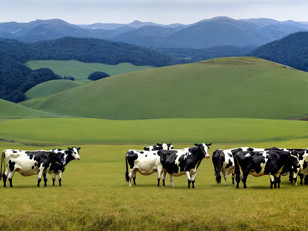 Holstein Frisian cow, feeding, herd, New Zealand slope fields ...