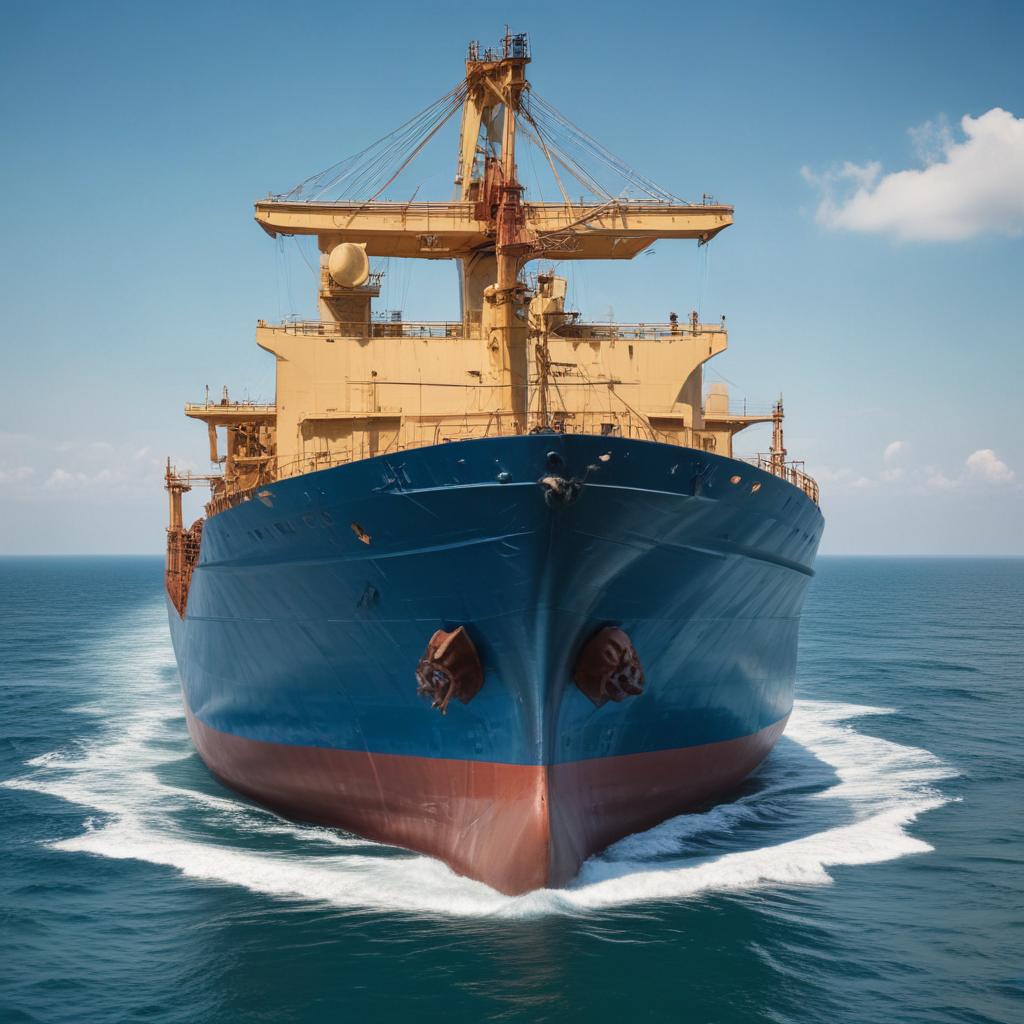 a retro style picture of a dry-bulk carrier with cranes and hatches on ...