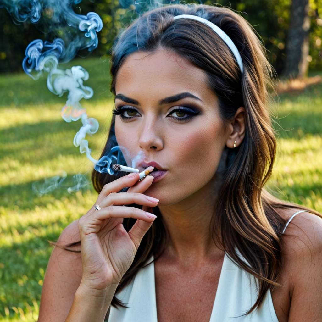 An attractive woman, smoking a cigarette and blowing smoke rings