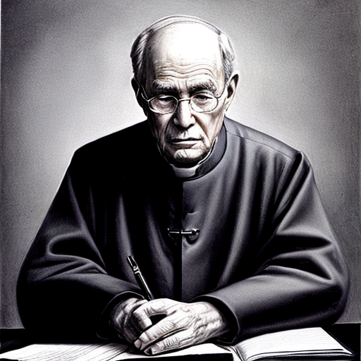 old man, priest, friar, sleeping, sitting at a desk, black and white ...