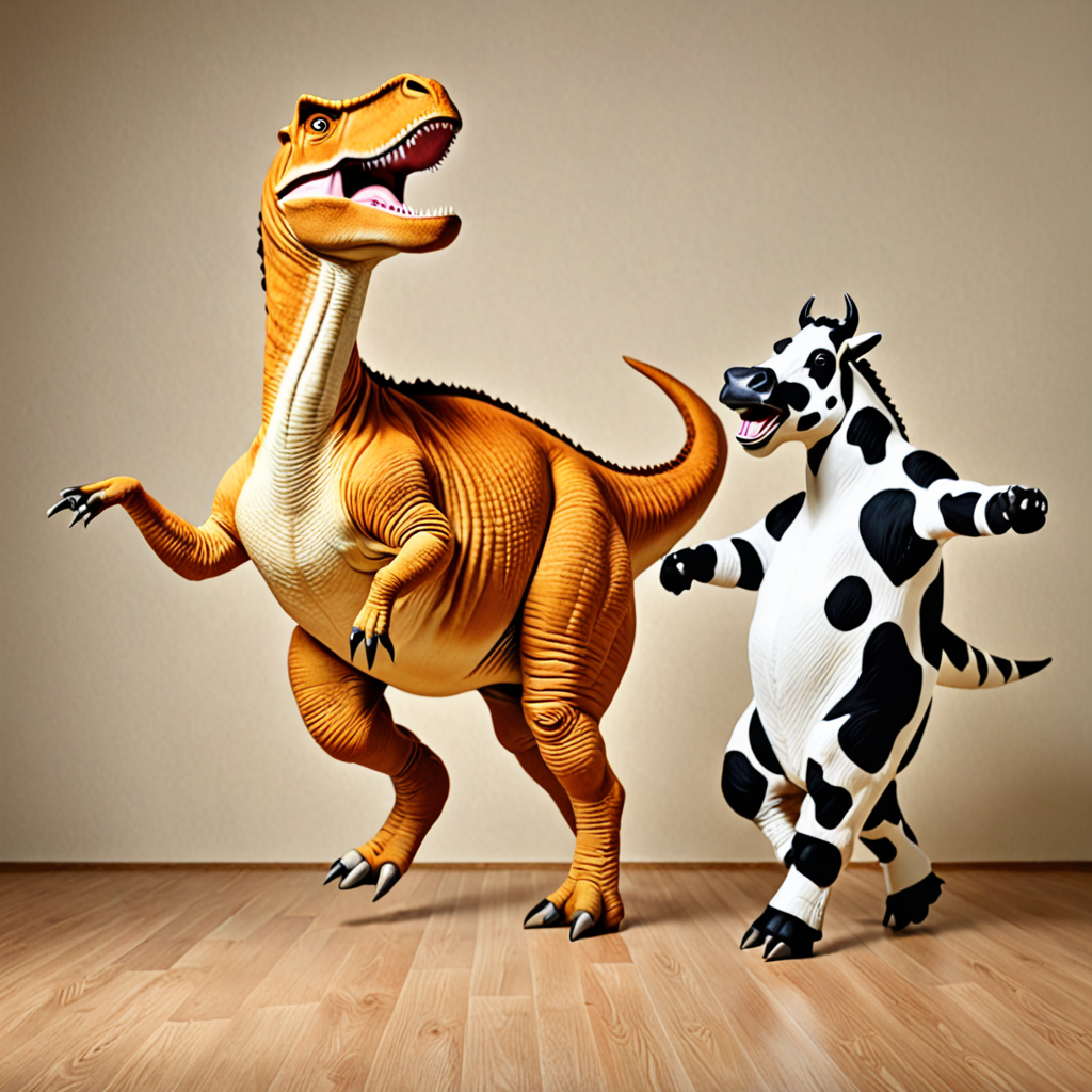Dinosaur dancing with a cow