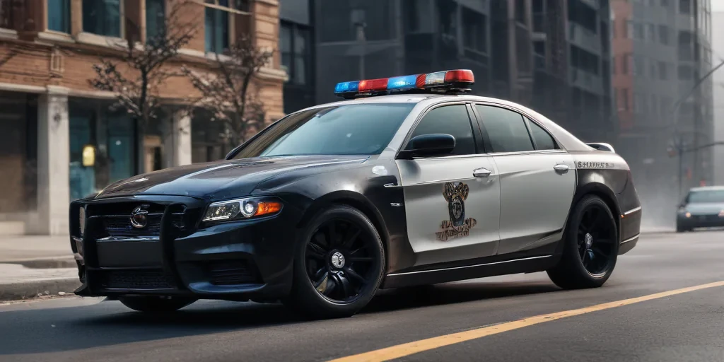 Police Car Patrolling City Streets with Lights Flashing in Urban ...