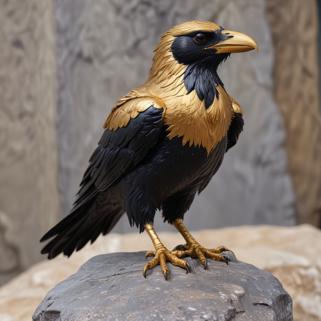 a realistic pure shiny golden metallic raven statue standing on a rock ...