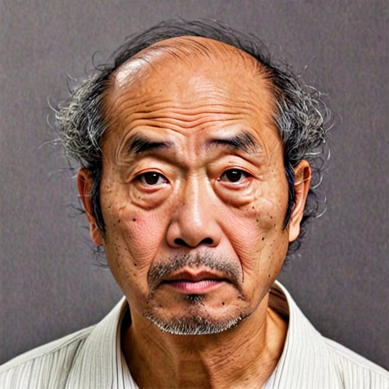 Balding Japanese man with graying curly hair with a worried expression