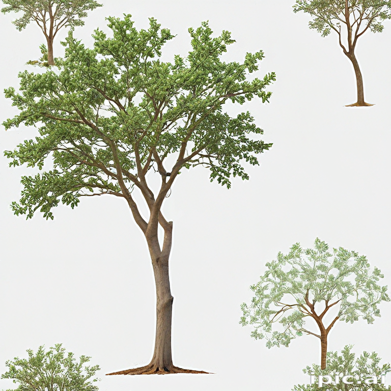 Illustration of Various Types of Green Trees on a White Background