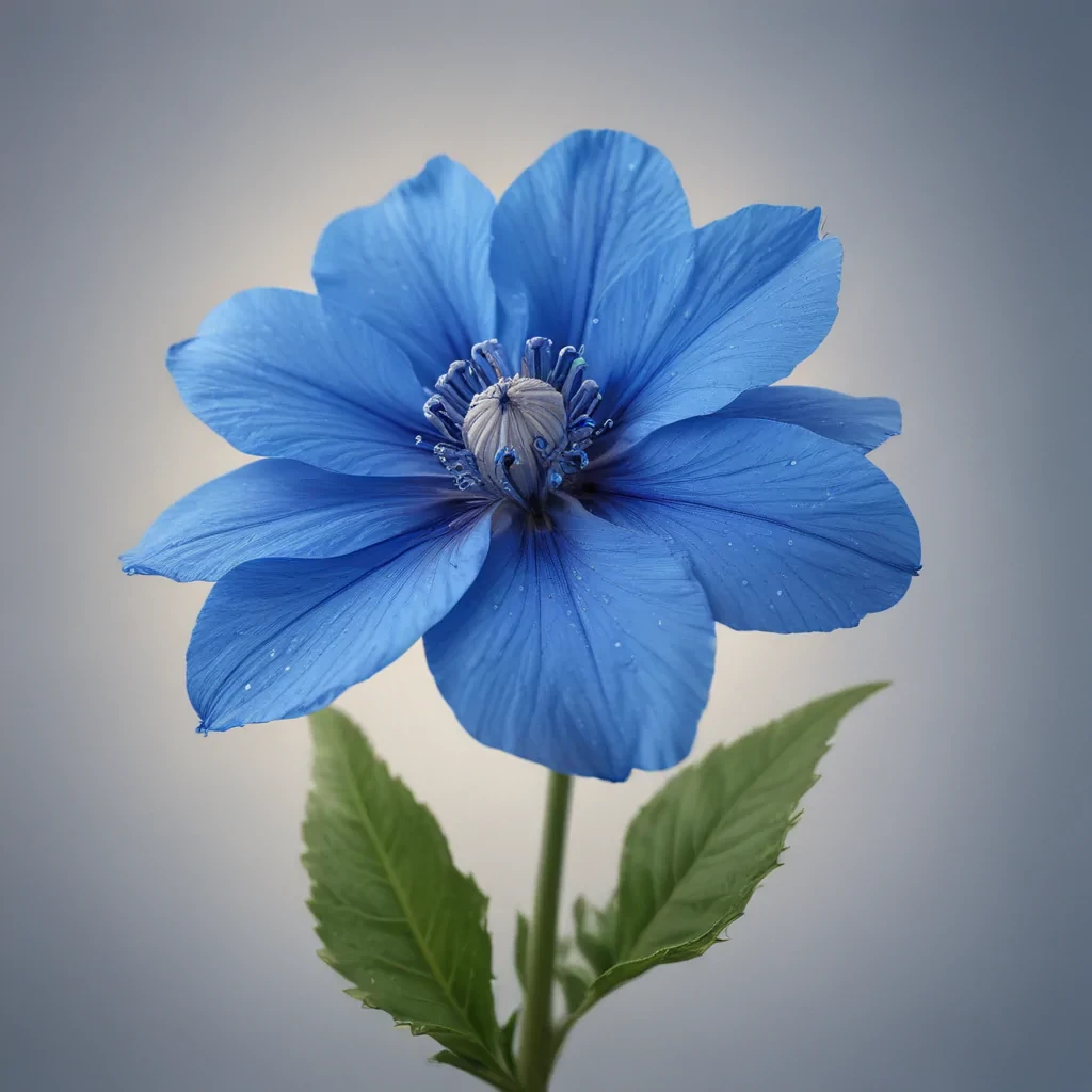 A Stunning Blue Flower with Delicate Petals and Lush Green Leaves.