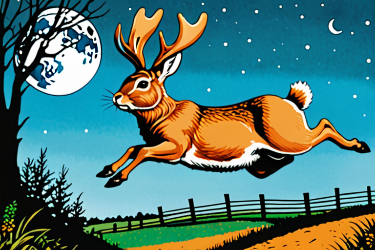 Jackalope lithograph style jumping over the moon on a farm