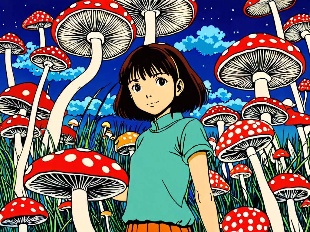 psychedelic ghibli, trippy girl, anime, manga, murshrooms, lain