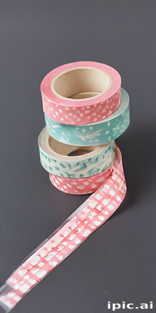 Colorful Washi Tape Rolls Stacked Neatly with a Length Unrolled