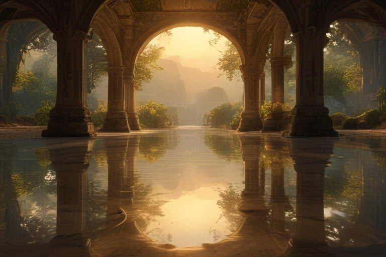 Tranquil Reflections of a Sunlit Ancient Archway Over Serene Waters