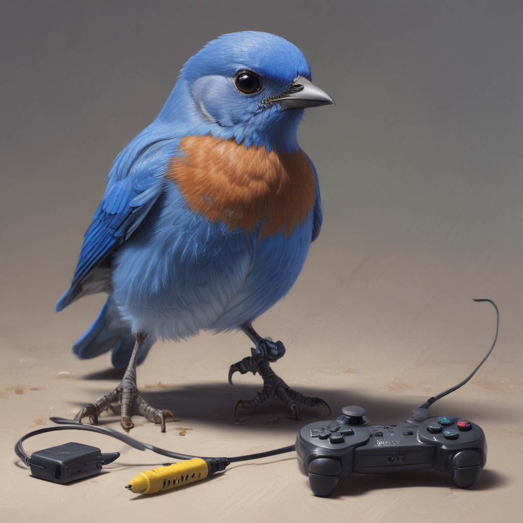 detailed illustration of a bluebird playing video games