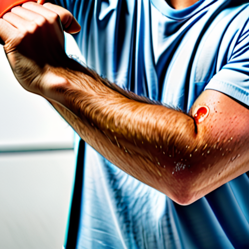 Man nursing a sprained elbow with close-up of elbow