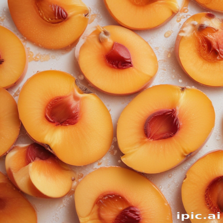 Freshly Sliced Peaches Glistening in Water with Bright Orange Flesh