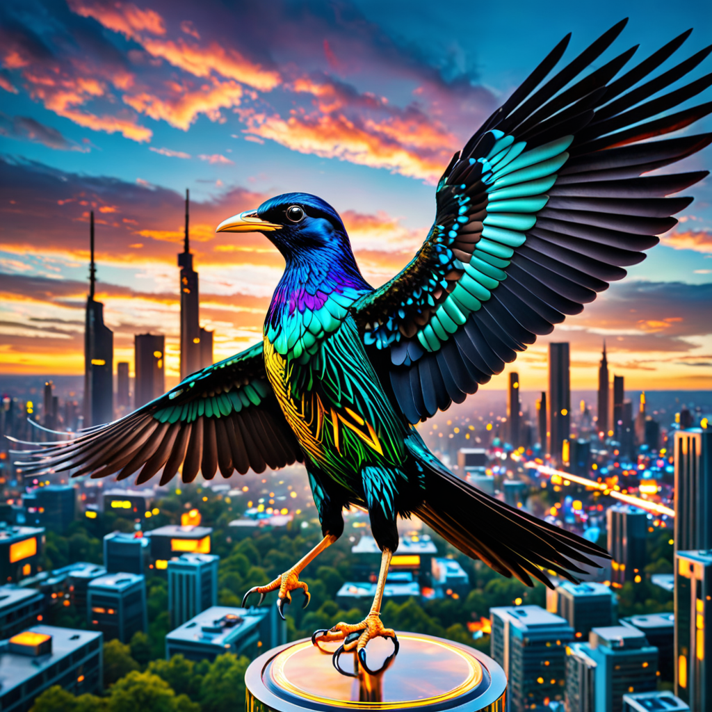 A colorful metallic cyborg starling bird opens it's wings as if to ...