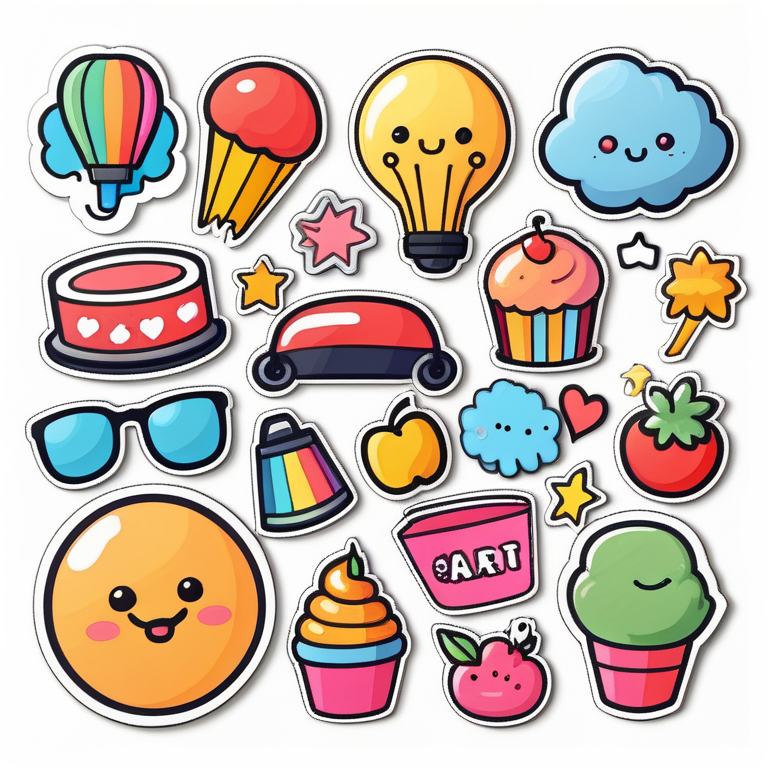 Colorful Collection of Cute Stickers Featuring Fun Objects and Characters
