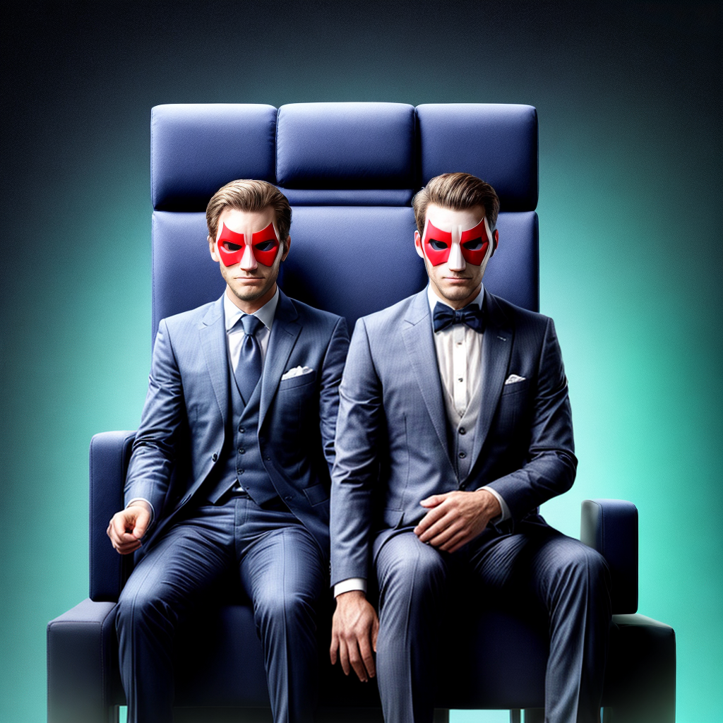 man in suit and hacker mask sitting on a throne