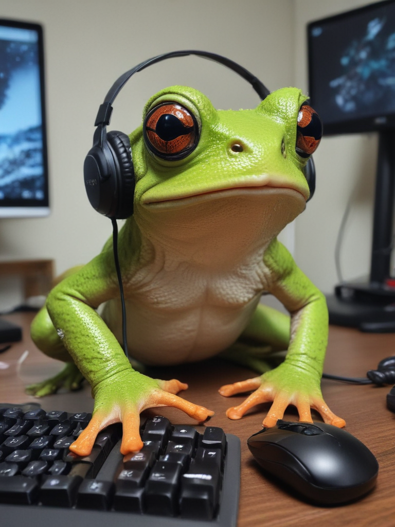 A realistic frog gaming on PC with headset keyboard and mouse