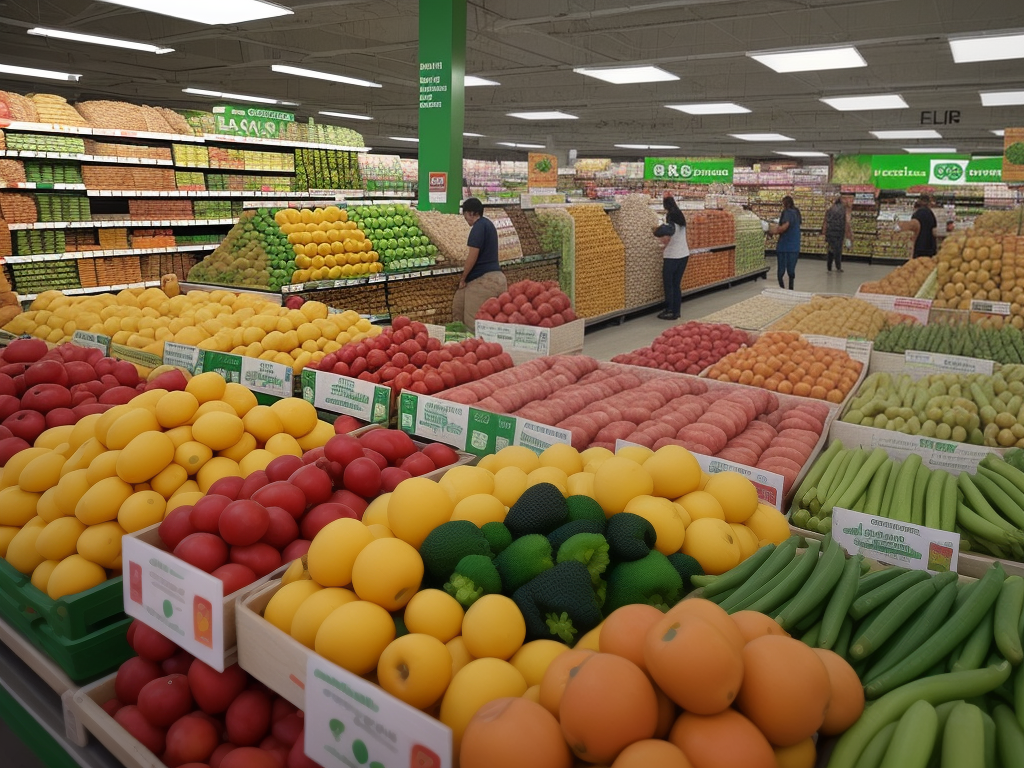 Vibrant Display of Fresh Fruits and Vegetables in Grocery Store Aisle