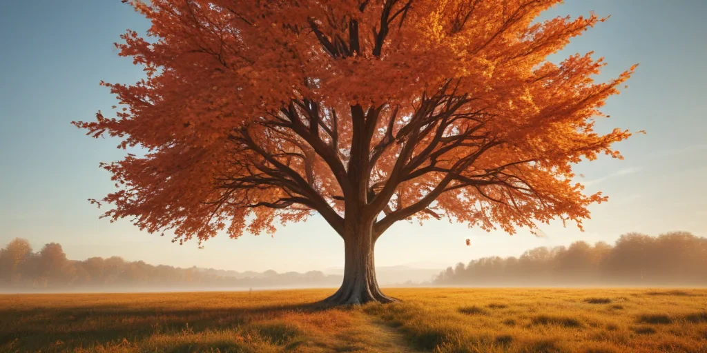 A Majestic Orange-Leafed Tree Standing Alone in a Serene Autumn Landscape.