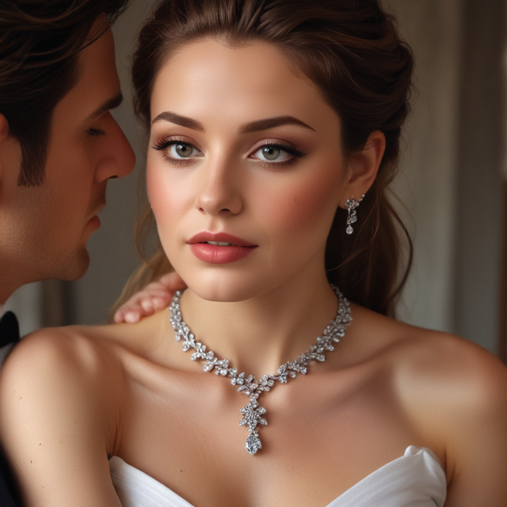 a romantic and glamorous scene, In this scene, a couple, the man places ...