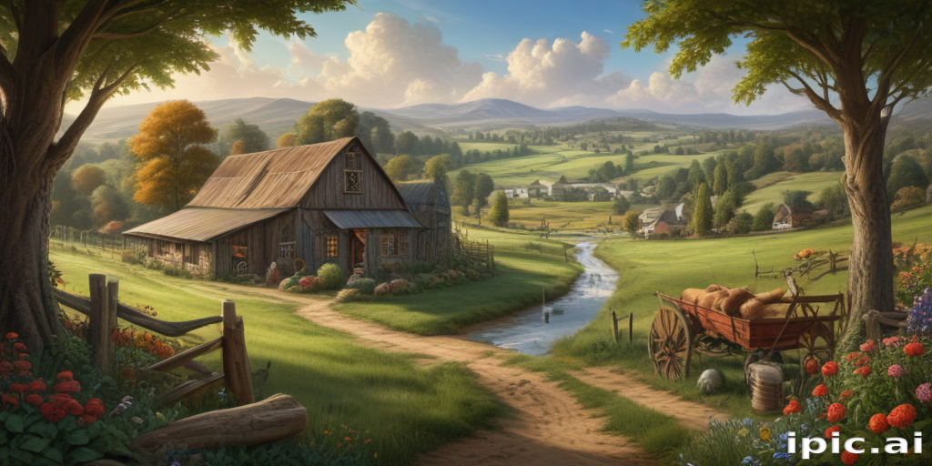 A Serene Countryside Landscape with a Charming Farmhouse and Flowing Stream