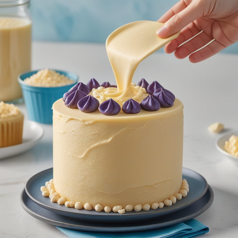 Deliciously Decorated Cake with Purple Icing and Creamy Topping Being ...
