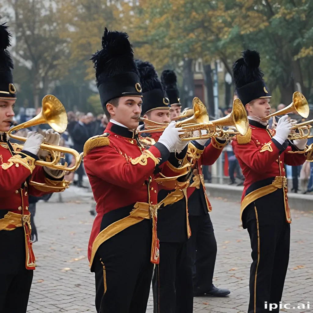 Marching Band Members in Uniform Playing Trumpets During Outdoor Parade ...