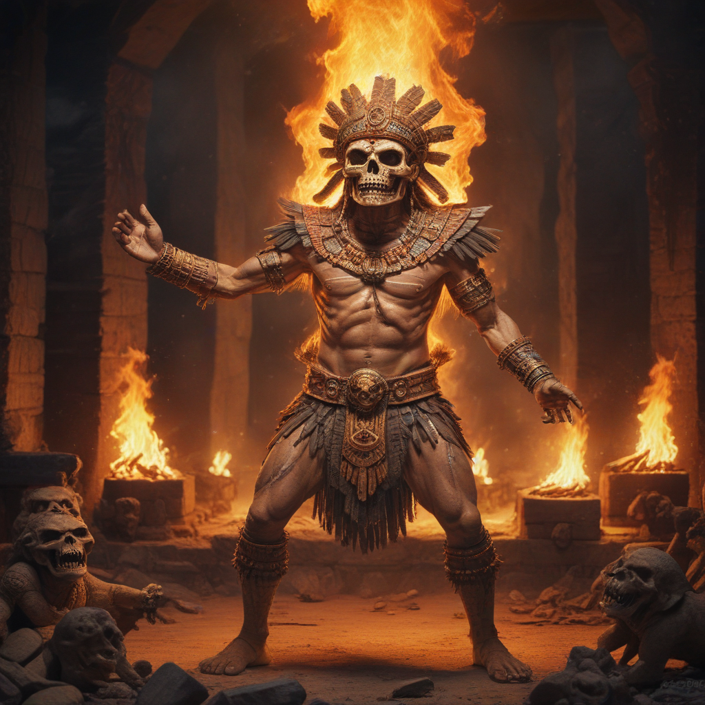 Mictlantecuhtli in the underworld with fire