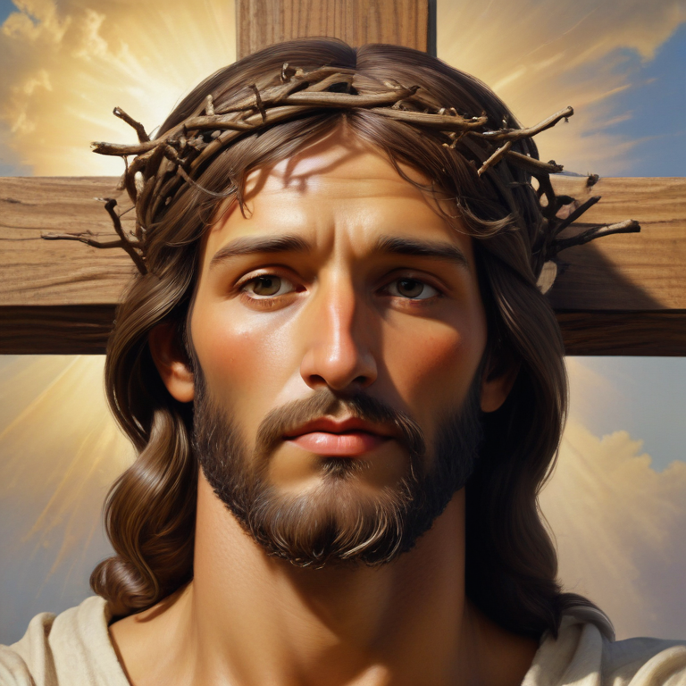 Radiant Portrait of Jesus Christ Surrounded by Divine Light and Symbolism