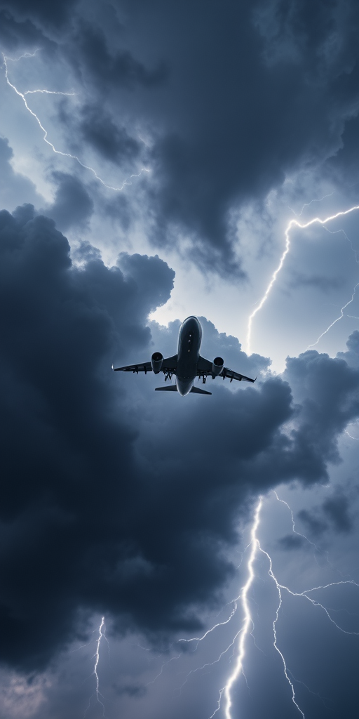 Airplane Navigating Through Dark Storm Clouds with Striking Lightning Bolts