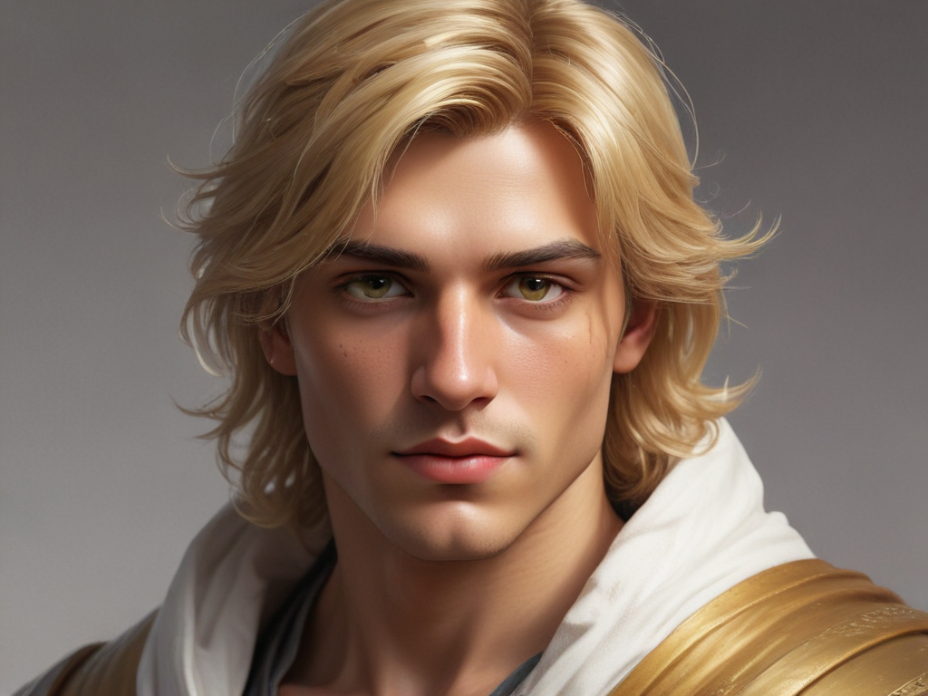 Male Aasimar portrait painting, shoulder length golden blond hair ...