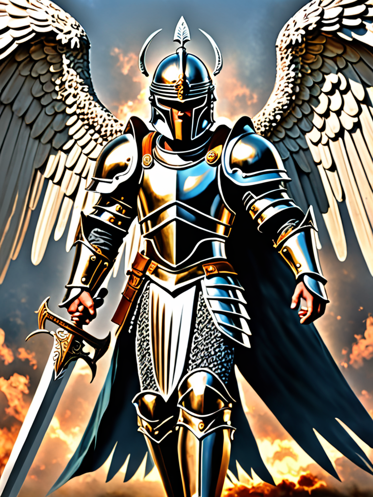 A powerful heavenly angel with helmet, full body armor and a divine ...