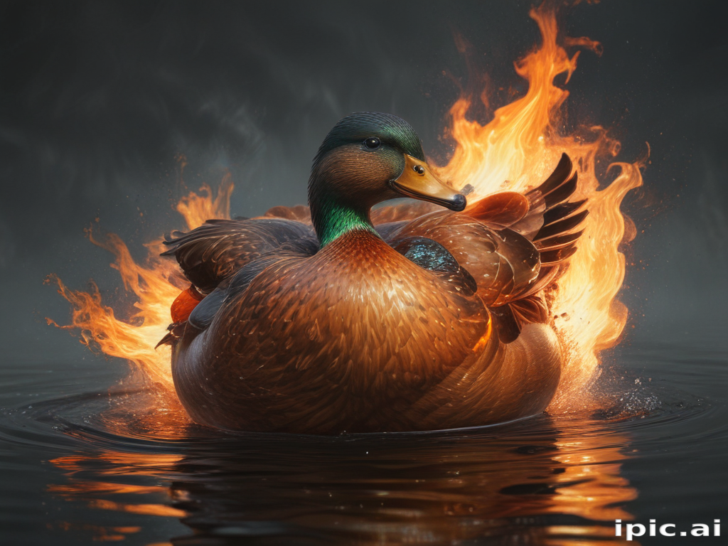 A Majestic Duck Surrounded by Flames in a Dramatic Water Scene