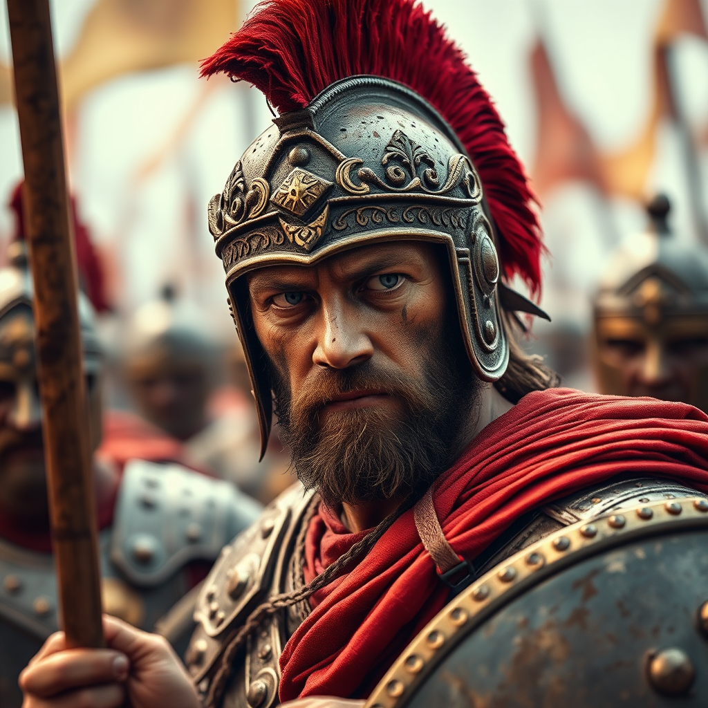Valiant Roman Soldier Ready for Battle Amidst a Mighty Legion