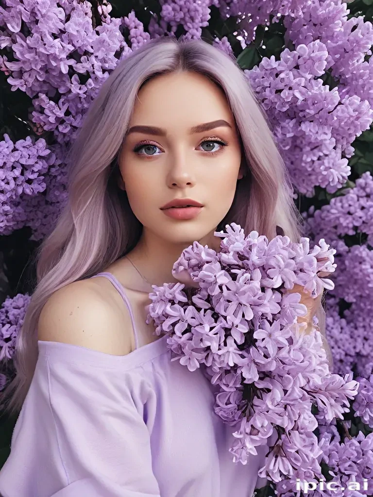 Enchanting Portrait of a Young Woman Surrounded by Lush Lilac Blossoms