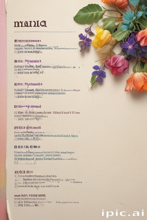An Elegant Menu Design Featuring Colorful Flowers and Artistic Typography