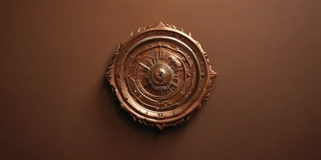 Intricate Bronze Shield Displayed Against a Rich Brown Wall Background