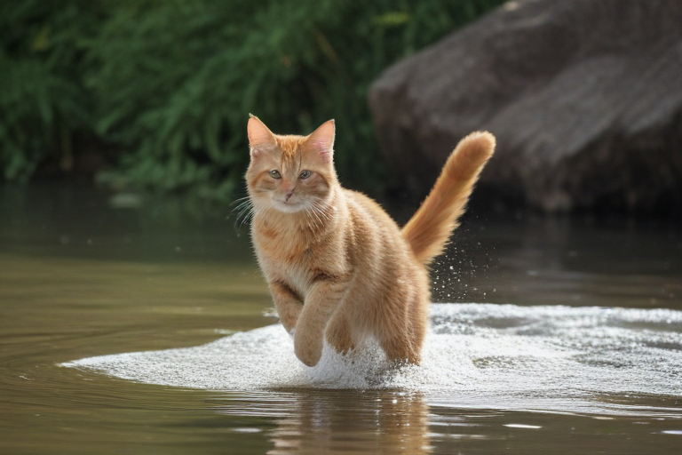 Action hero Orange tabby cat rises out of river