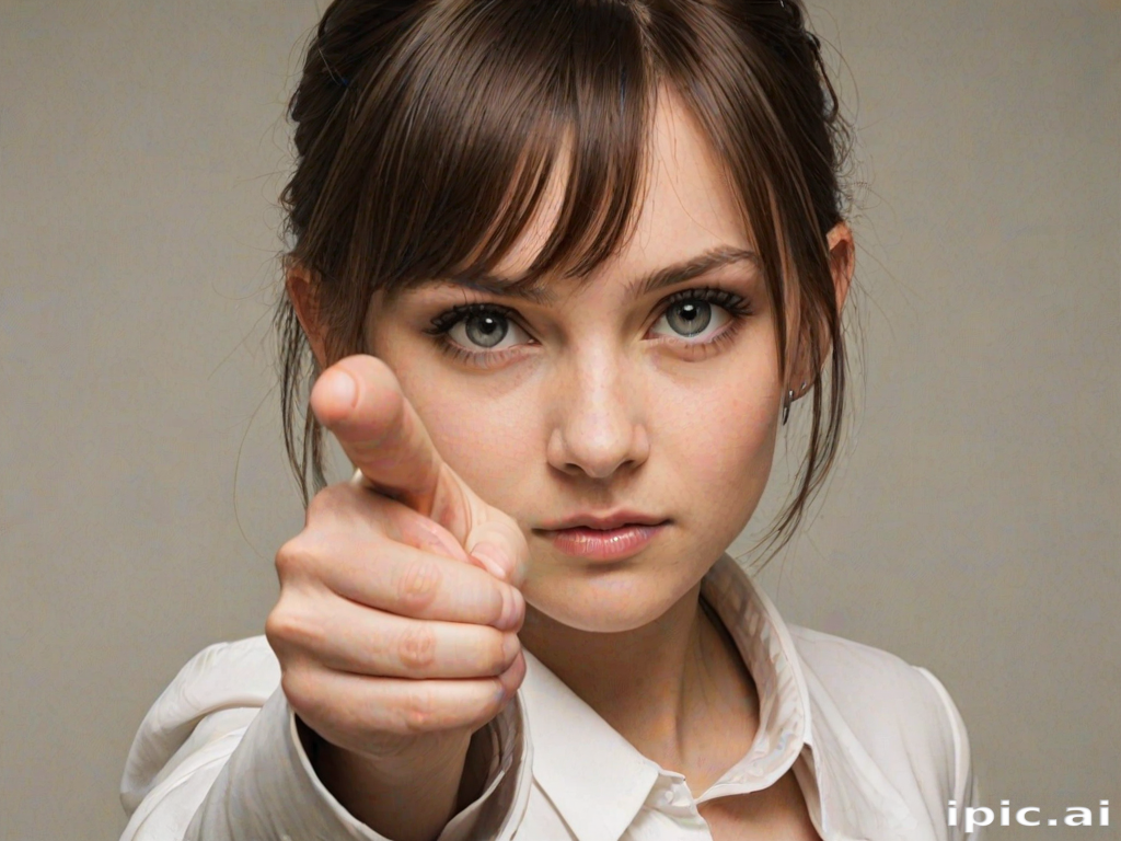 Determined Young Woman Pointing Forward with Intense Expression of Purpose