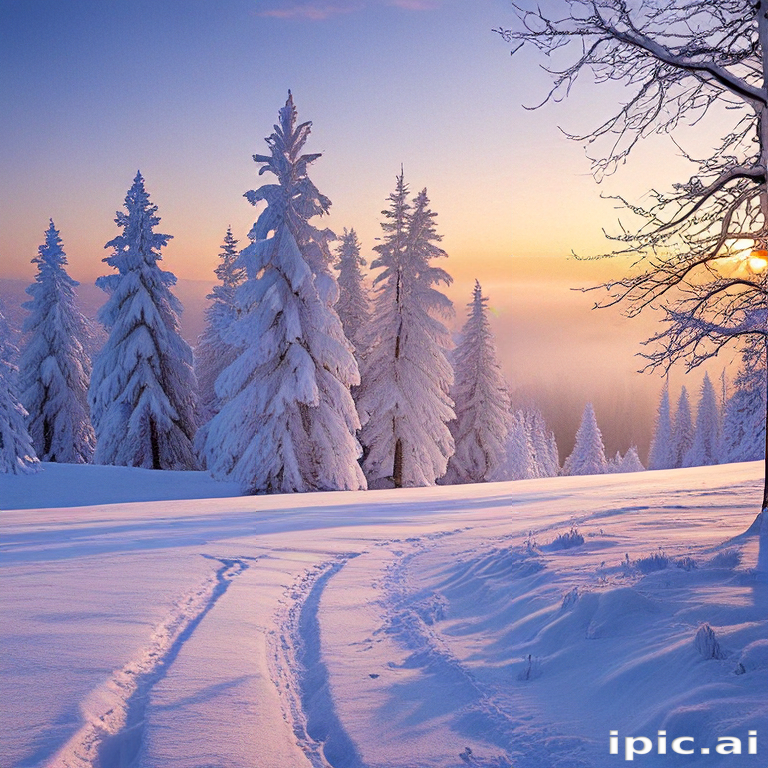 A Serene Winter Landscape Featuring Snow-Covered Trees at Sunset.
