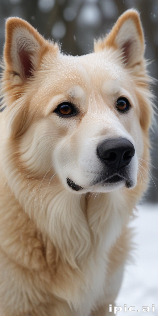 A Beautiful Golden-Hued Dog with Snowflakes on Its Fur in Winter.