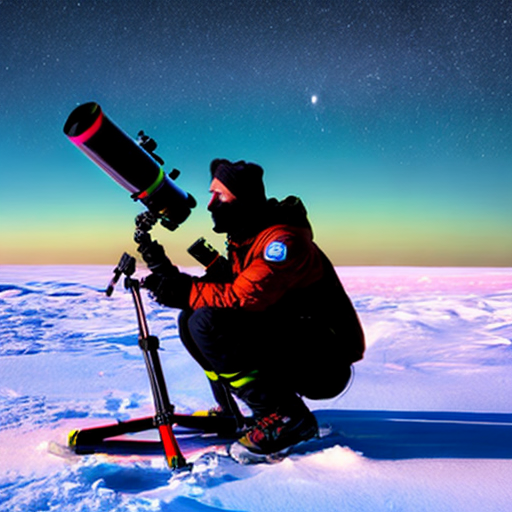 man is discovering space using a telescope in the middle of snow field