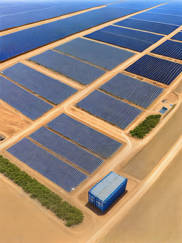container battery next to a solar panel plant in the dessert