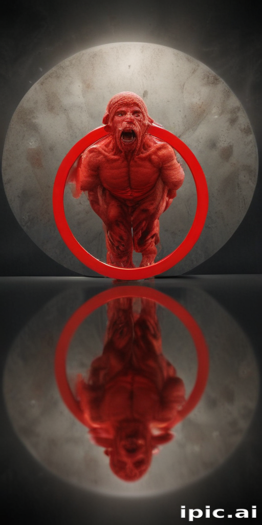 Distorted Figure Erupting from a Circular Frame in a Surreal Setting