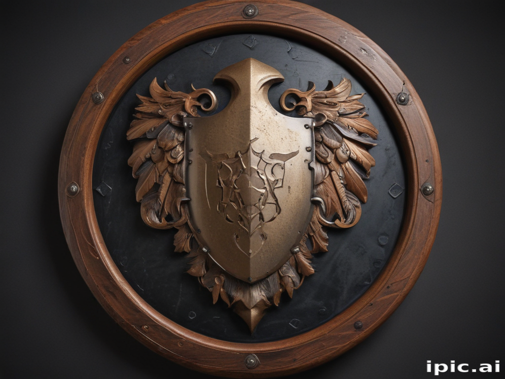 Intricately Designed Shield Emblem with Ornate Leaf Patterns on Background