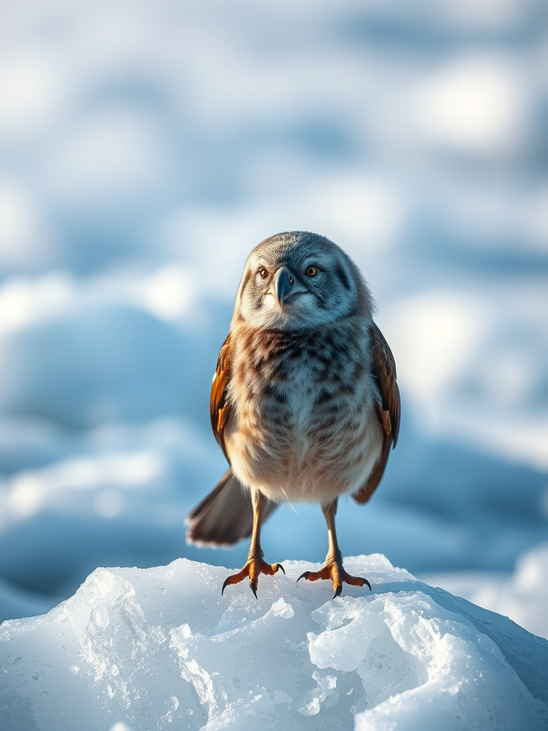 A Majestic Bird Perched on Ice, Surrounded by a Winter Wonderland.