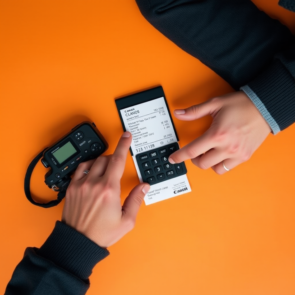 Hands Using a Calculator Next to a Camera on an Orange Surface