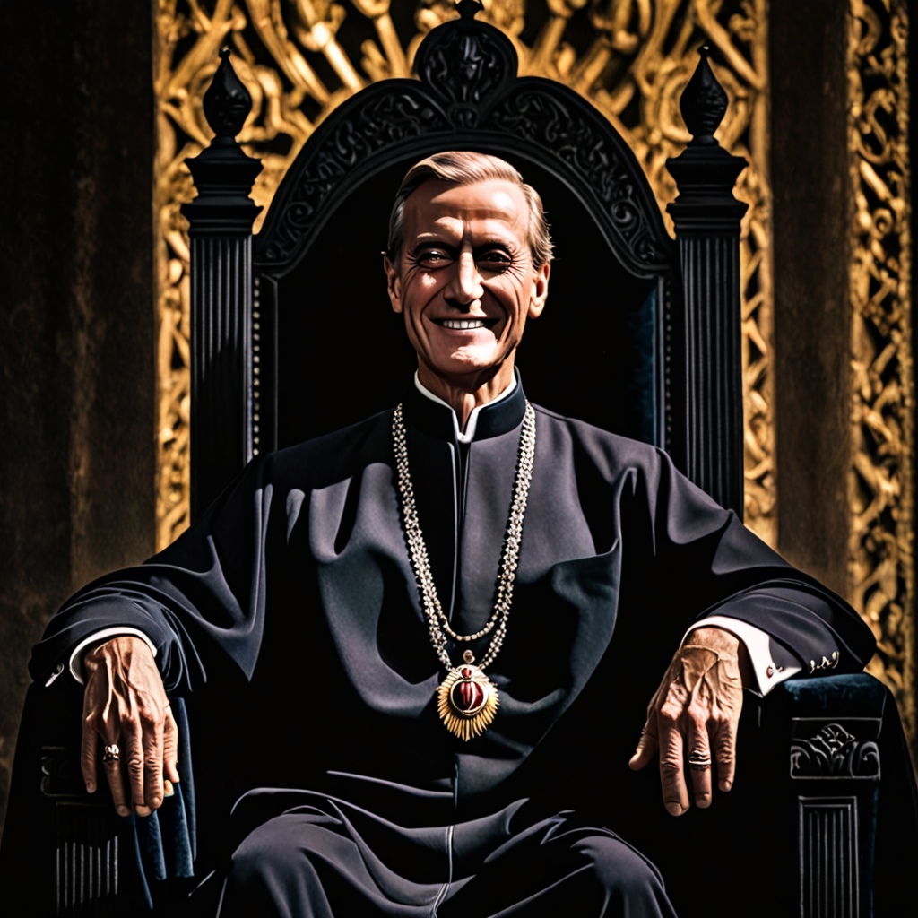 sadistic emperor smiling in the shadows sitting on his throne