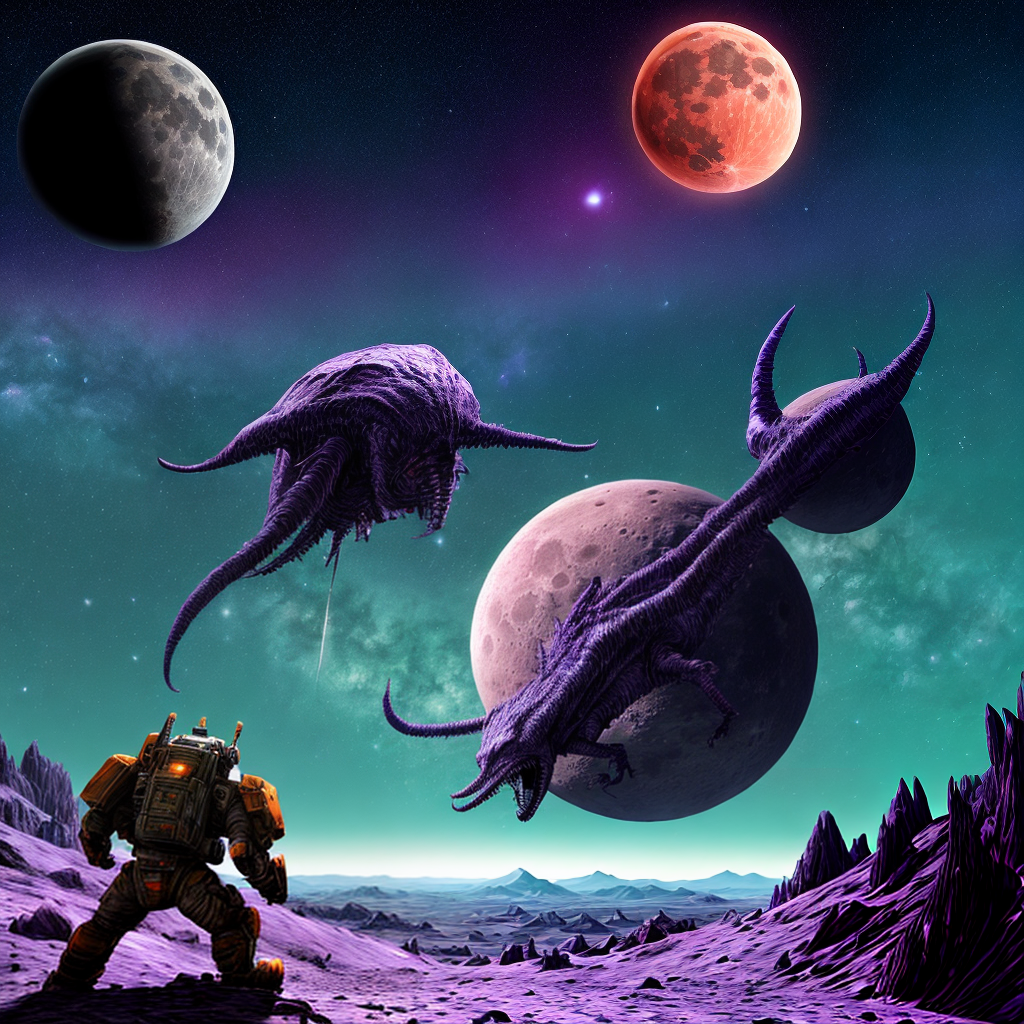a purple ogre battles an alien orange ogre on the surface of the moon ...