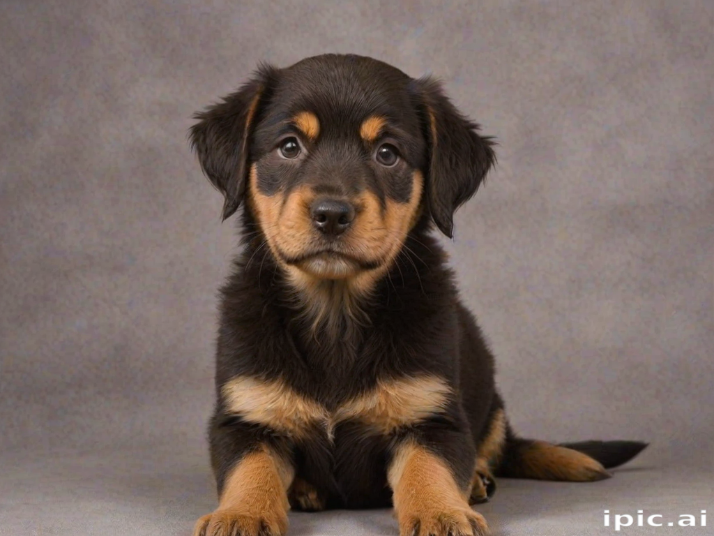 Adorable Rottweiler Puppy Sitting Gracefully Against a Soft Gray Background
